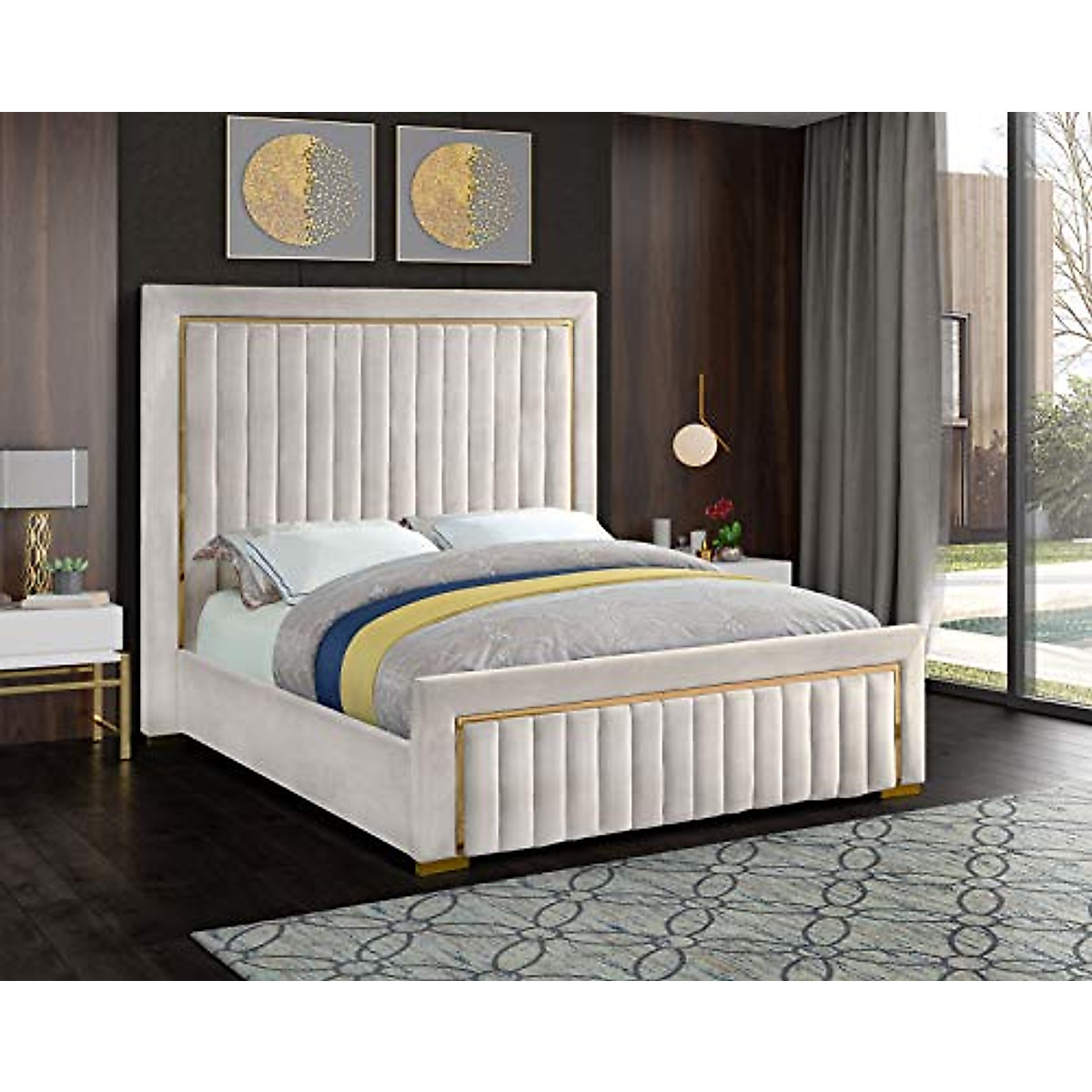Meridian Furniture Dolce Collection Modern | Contemporary Velvet Upholstered Bed with Luxurious Channel Tufting and Gold Metal Trim/Legs, Queen, Cream