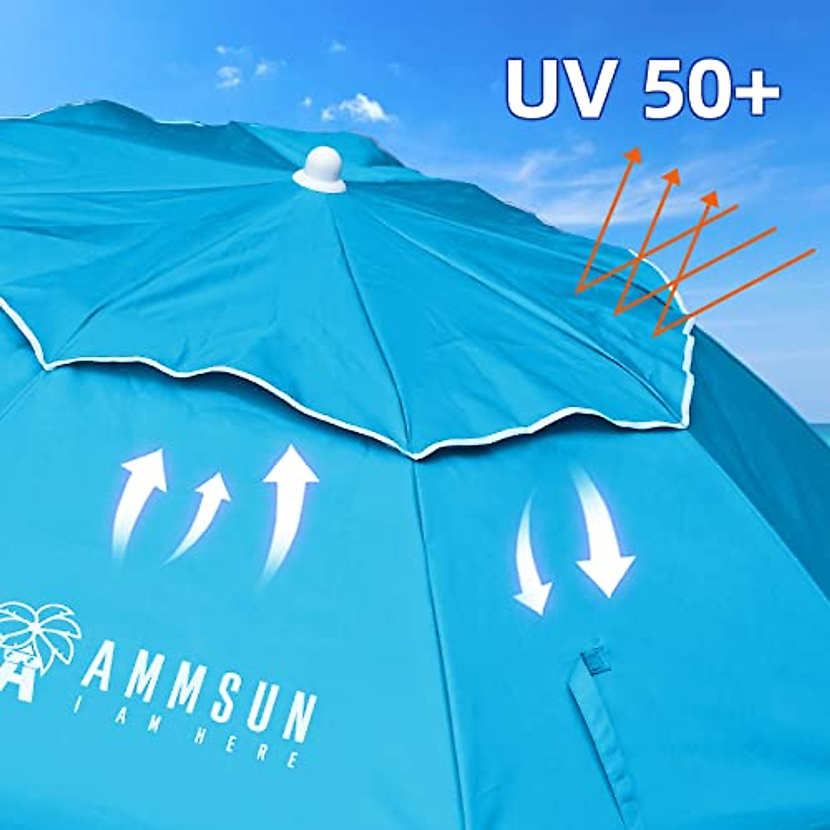 AMMSUN 6ft Folded PortableTravel Beach Umbrella with Sand Anchor, Tilt and Air vent UPF 50+UV Protection fit in suitcase Portable Compact Foldable beach umbrella for Patio Garden Beach Pool Backyard Sky blue