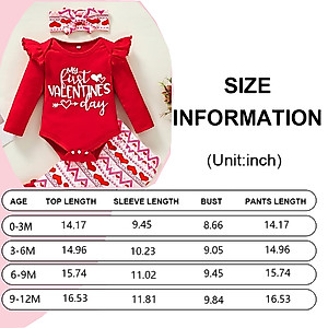 GRNSHTS Baby Girl My First Valentine's Day Clothes Long Sleeve Ruffle Romper Bell-Bottomed Pants 3Pcs Love Heart Outfits(Red,3-6M)
