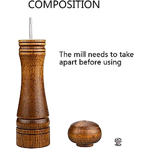 Refillable Wooden Pepper Mill - Big Solid Oaken Wood Gourmet Professional Mills Shaker with Strong Non-corrosive Adjustable Ceramic Grinder Mechanism - Fine to Coarse - 8 in