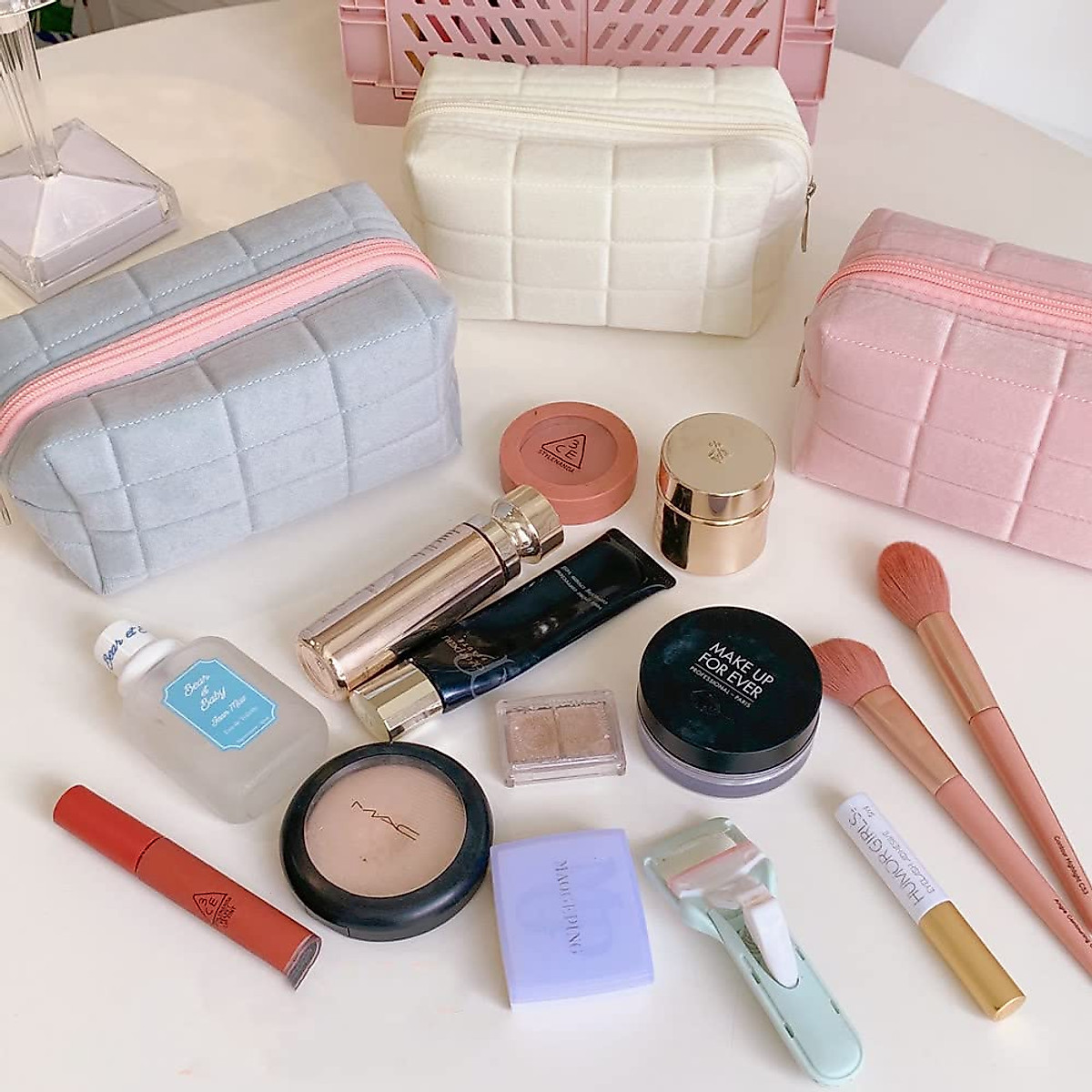 LYDZTION Plush Makeup Bag Cosmetic Bag for Women,Zipper Large Solid Color Travel Toiletry Bag Travel Make Up Toiletry Bag Washing Pouch,White