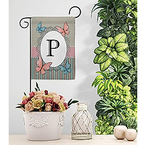 Breeze Decor P Initial Garden Flag Set Wall Hanger Monogram Friends Bugs & Frogs Butterfly Ladybugs Dragonfly Bee Springtime Insect Natural Wildlife House Yard Gift Double-Sided, Made in USA