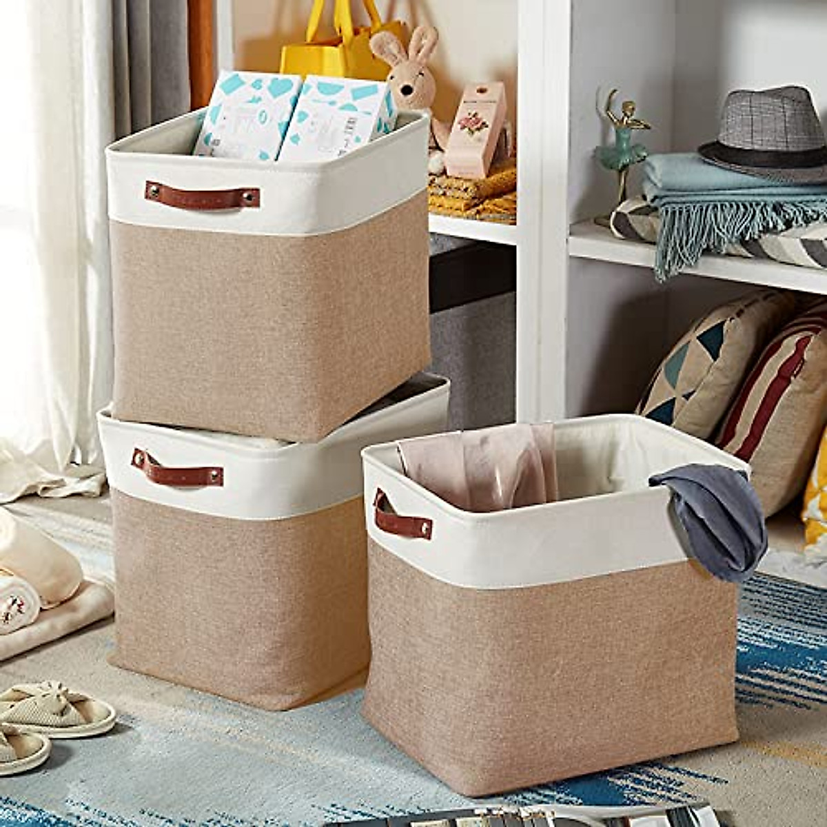 Jossens 11 Inch Fabric Baskets with Leather Handles,Foldable Cubes Storage Bins Set of 4 for Cube Organizer Home Toy Nursery Closet Bedroom(Khaki)