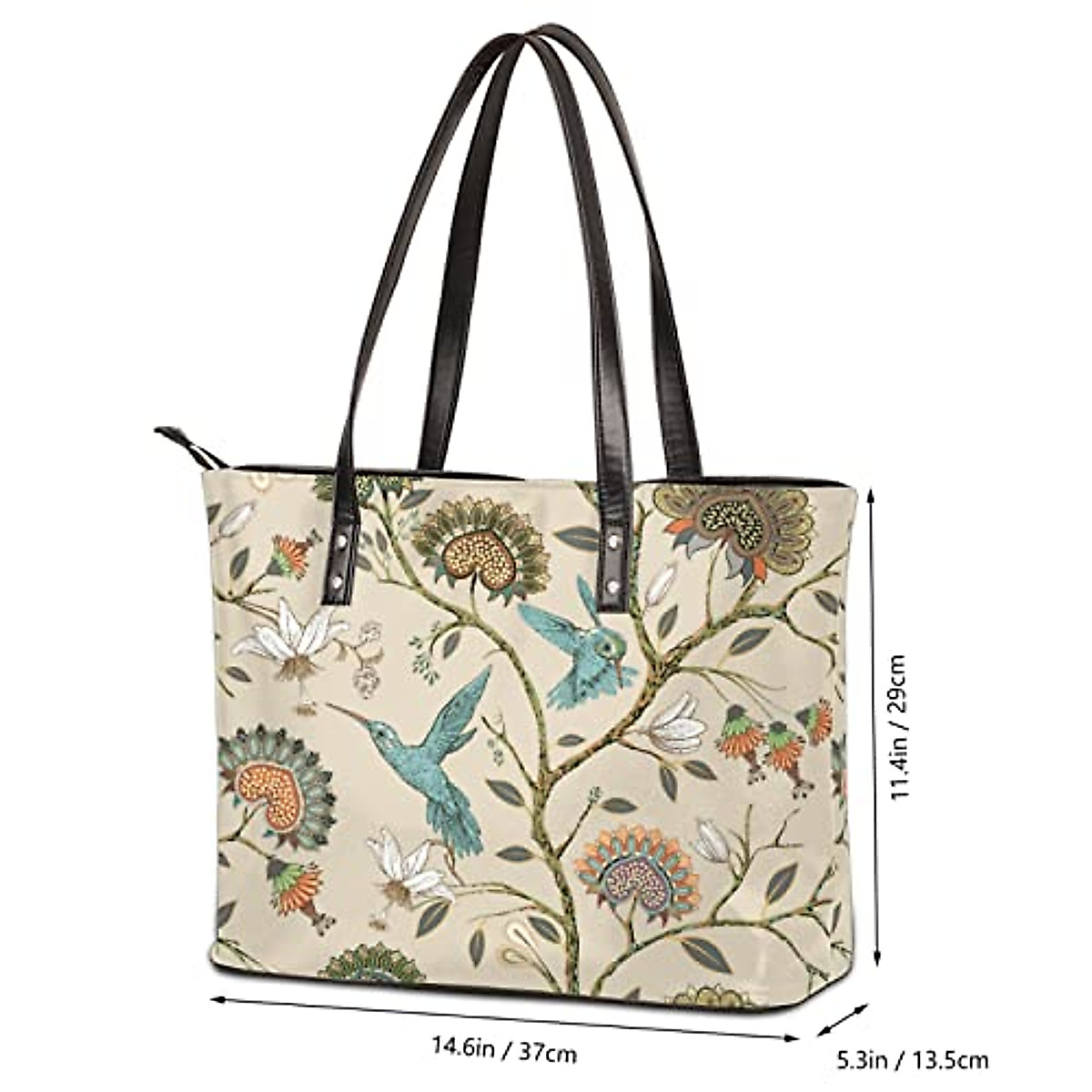 Ethnic Flower Shoulder Tote Bag for Women Girls, Leather Handle Bag Durable Hummingbird Latop Tote Bag With Zipper Pocketfor School Work Travel