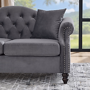 Ucloveria Chesterfield Sofa, 57" Velvet Upholstered Loveseat 2 Seater Sofa Couch with 2 Pillows, Solid Wood Legs, Tufted Futon Sofa with Rolled Arms and Nailhead for Living Room, Office, Apartment