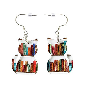 Cat Book Earrings for Women Acrylic Clear Dog Bookcase Earrings Rainbow Teacher Earrings Book Drop Dangle Earrings Graduation Teachers Day Jewelry Gifts (Cat)