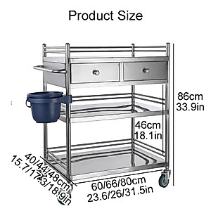 XZOTA Medical Cart, Lab Cart 3 Layers Double Drawers Medical Cart with Wheels 1 Refuse Basin Stainless Steel Cart, 3-Shelf 330 LBS Max Load Rolling Utility Cart, Silver (Size : 80x48cm(31.5x18.9in).)