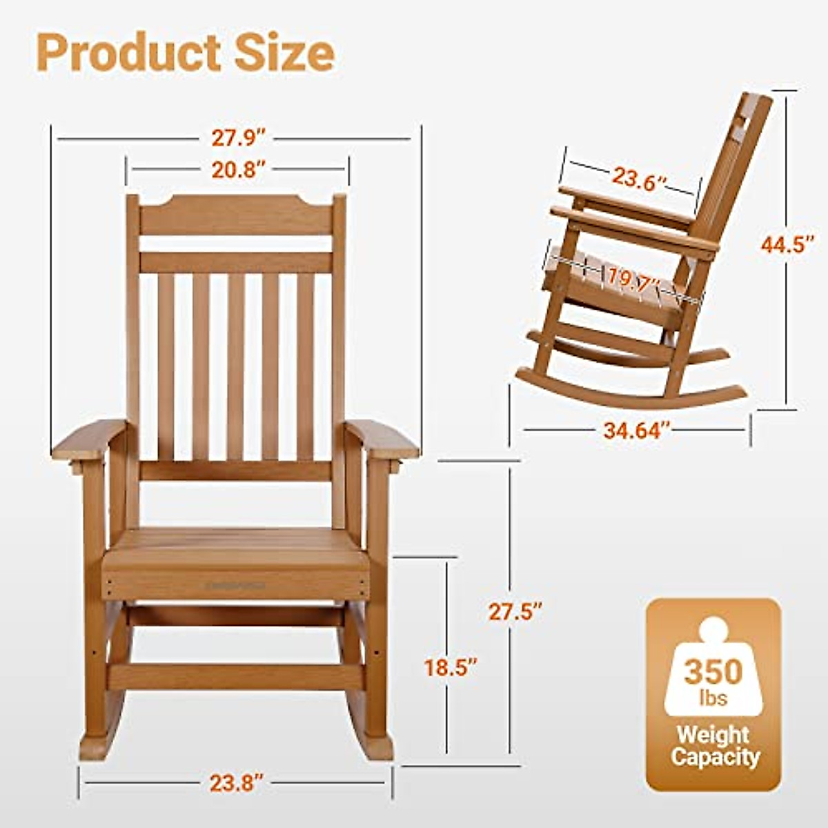 EMBRANGE Outdoor Rocking Chair with Tilting High Backrest, Weather Resistant, Fade-Resistant,Front Porch Rocker with 350 LBS Weight Capacity, Patio Rocking Chairs for Deck or Indoor, Teak