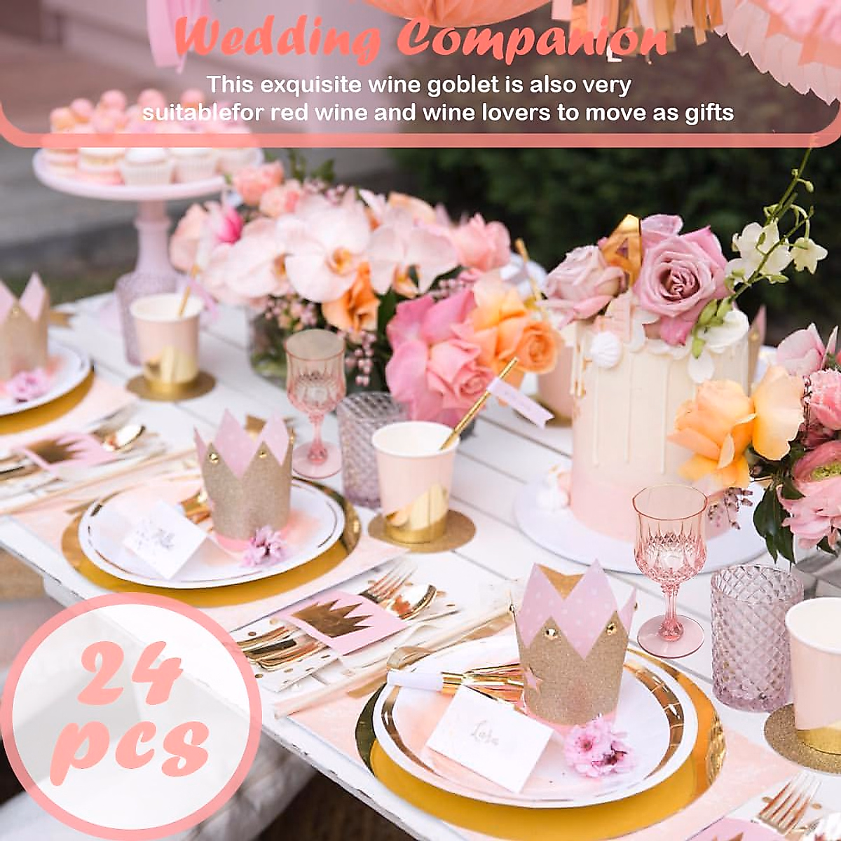 Veiuwa 24 Pcs Plastic Pink Wine Glasses，Plastic Cordial Glasses，Plastic Goblets，Pink Plastic Goblets，Plastic Wine Glasses，Can be Used for Weddings, Everyday Fun Parties and More!