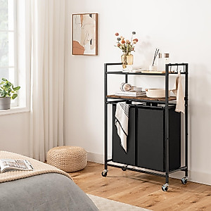 MAHANCRIS Laundry Hamper, Laundry Sorter with Shelf, Laundry Basket with 2 Pull-Out and Removable Bags, Laundry Organization and Storage for Bathroom, Laundry Room, Rustic Brown and Black LHHR4101