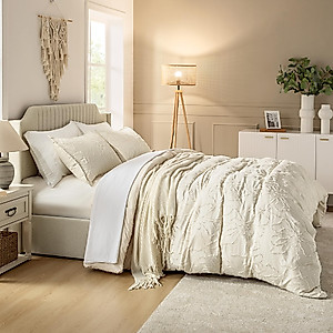 TINA'S HOME Duvet Cover Full Size - Tufted Boho Duvet Cover Set for All Season, 2PCS- 1 Beige Washed Microfiber Duvet Cover with Zipper and 2 Pillow Shams, Farmhouse Bedding Comforter Cover Set