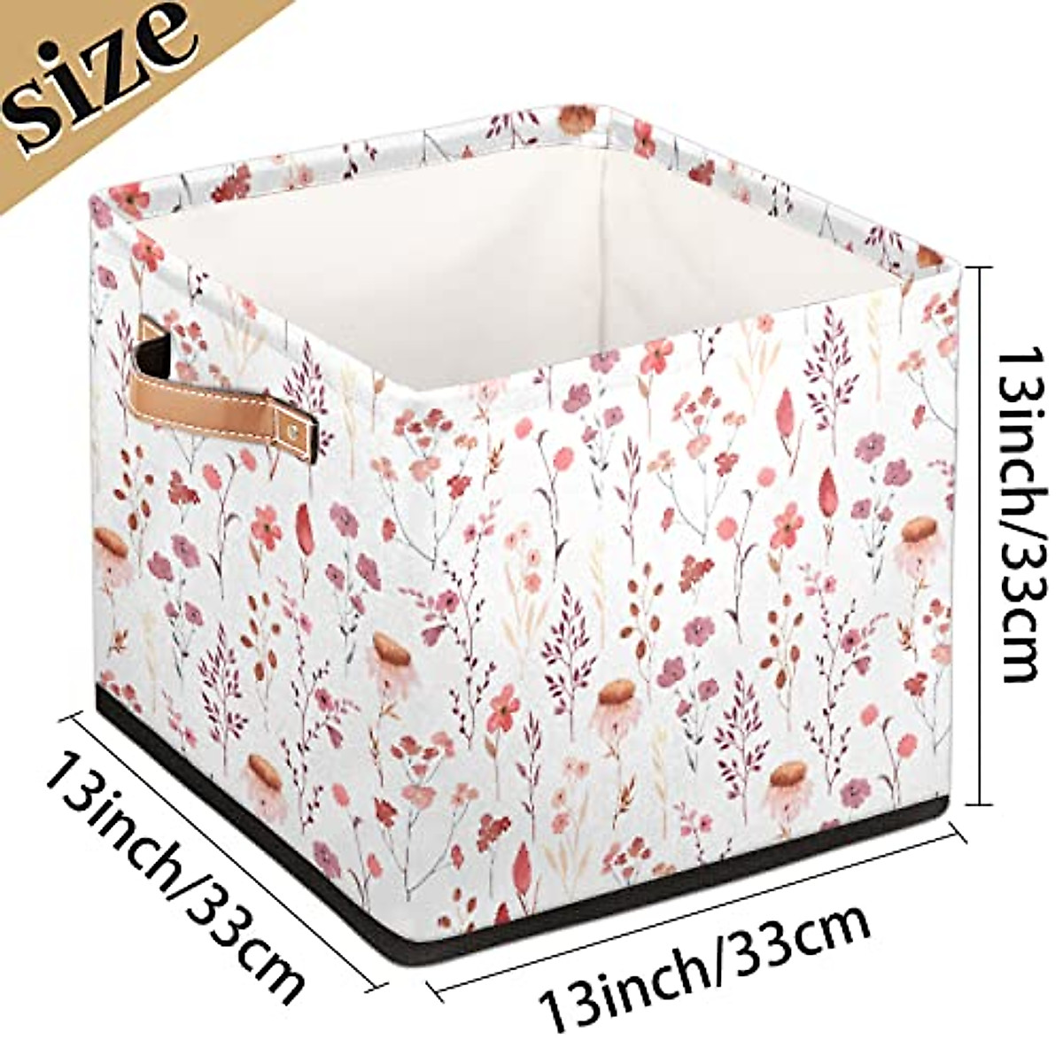 Wildflowers Watercolor Floral Print Storage Basket Bins for Organizing Pantry/Shelves/Office/Girls Room, Spring Flower Storage Cube Box with Handles Collapsible Toys Organizer 13x13