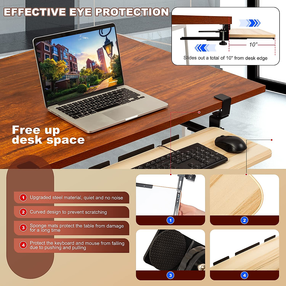 TOKPELA Keyboard Tray Under Desk for Corner L Shaped Desk, Ergonomic Corner Desk Keyboard Tray，Under The Desk Slide Out Computer Keyboard & Mouse Tray， 27.28" W x 11.85" D x 0.83”H (Light Walnut)