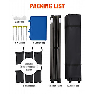 Eesdom 10x20 Canopy Tent with Roller Bag, Commercial Pop Up Canopy Tent, Adjustable Height with Pull Ring, Outdoor Canopy for Beach, Parties, UPF50+, 6 Stakes & 6 Sandbags & 6 Ropes, Blue