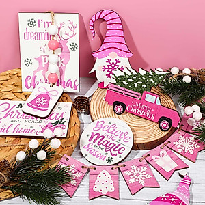 VIDELLY Christmas Tiered Tray Decor Set, 15 Pieces Wood Rustic Farmhouse Table Decor Pink Gnome Elk Snowflakes Bell Christmas Decorations