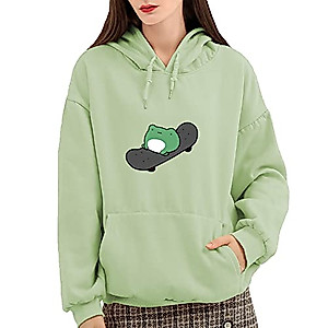 KEEVICI Women's Cute Sweatshirts Skateboarding Frog Long Sleeve Cotton Hoodie Pullover (Green,L)