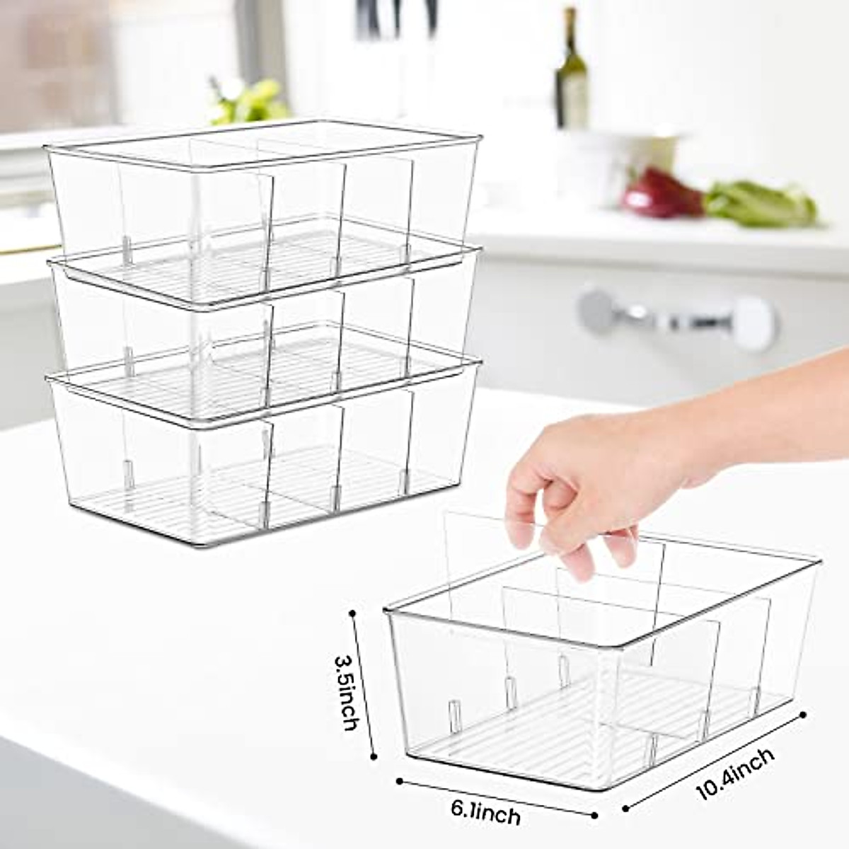 wilfox Pantry Organization, 5 Pack Clear Organizer Bins with Removable Dividers for Pantry, Kitchen, Fridge, Cabinet, Stackable Storage Bins for Snack, Pouches, Spice Packets