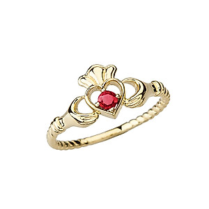 Dainty 10k Yellow Gold Open Heart Solitaire Ruby Rope Claddagh Promise Ring (Size 5)