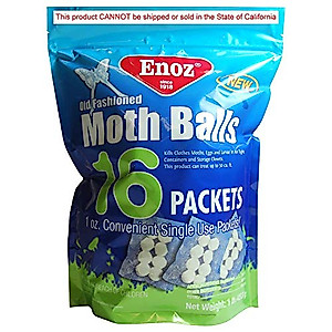 Enoz Old Fashioned Moth Ball Packets, Kills Clothes Moths and Carpet Beetles, Resealable Bag, Single Use Packets, Pack of 16
