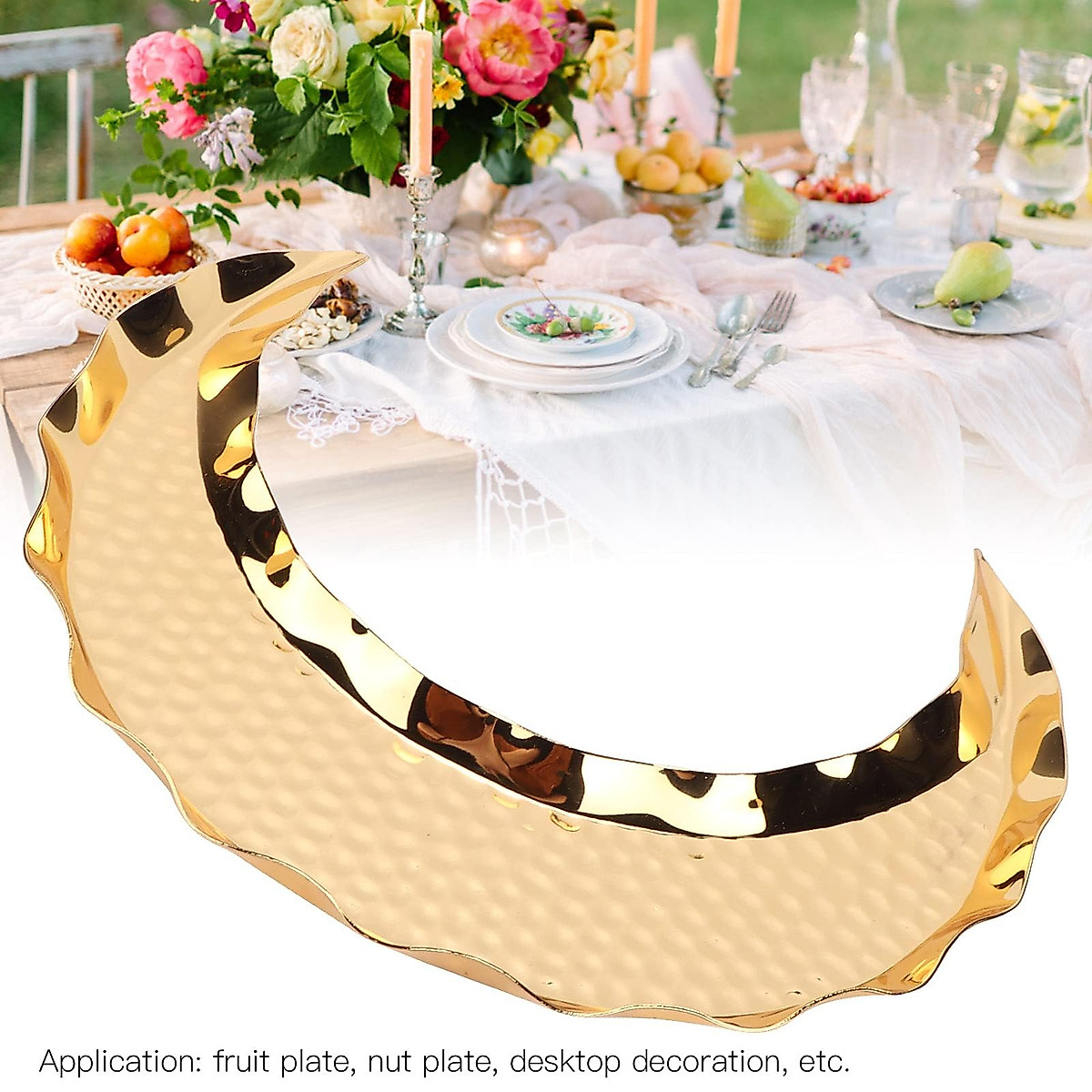 HERCHR Gold Decorative Serving Tray, Half‑Moon Shape Coffee Tea Tray Fruit Plate Coffee Serving Tray for Home Decoration