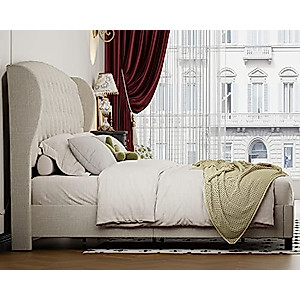 PaPaJet King Size Platform Bed Frame, Linen Curved Upholstered Bed with Shell Wingback Headboard/Deep Button Tufted/No Box Spring Needed/Beige