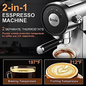 ILAVIE Espresso Coffee Machine, 20 Bar Espresso Machine with Steamer, Compact Espresso Maker with Milk Frother for Home, Stainless Steel Cappuccino Machine for Cappuccino, Latte, 1250W