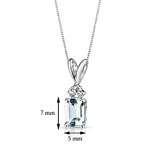 PEORA Solid 14K White Gold Aquamarine with Diamond Pendant for Women, Genuine Gemstone Birthstone Solitaire, Emerald Cut, 7x5mm