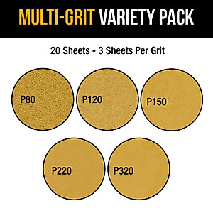 Dura-Gold Premium 1/2 Sheet Size Gold Sandpaper with Hook & Loop Backing, 3 Each 80, 120, 150, 220, 320 Grit Sanding Sheets, 15 Total - Wood Woodworking Automotive, Finishing Sander Hand Sanding Block