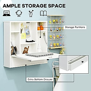 Tangkula Wall Mounted Desk, Pneumatic Floating Desk Wall Mount Laptop Desk with Magnetic Foldable Tabletop, Space Saving Wall Mounted Table Wall Desk with Storage Drawer and Shelves (White)