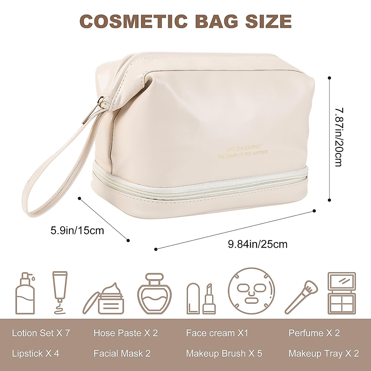 Cosmetic Travel Bag, Double Layer Cosmetic Bag, Large Makeup Bag, Travel Makeup Bag, Makeup Organizer Bag, Leather Cosmetic Bag, Waterproof Toiletry Bag for Women Girls (White)