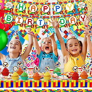 Spiareal 78 Pcs Building Block Birthday Party Supplies Birthday Party Decor Include Happy Birthday Banner, Building Block Swirls, Table Cover, Cake Toppers, Cupcake Toppers, Balloons for Kids Kids
