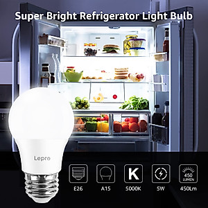 Lepro LED Refrigerator Light Bulb - 40W Equivalent Waterproof Appliance Bulb Replacement for Frigidaire, 5000K Daylight Non-Dimmable Freezer Bulbs with 450 Lumen, 120V 5W A15 E26 Medium Base, 2 Pack