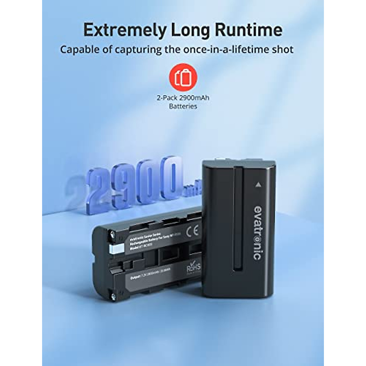 Evatronic NP-F550 Battery Charger Set, Compatible with Sony Battery NP-F970 F960 F770 F750 F570 F550 F530 F330 TR516 TR716 TR818 TR910 TR917 LCD,Dual Slot, Monitor, Camera Slider (2-Pack 2900mAh)