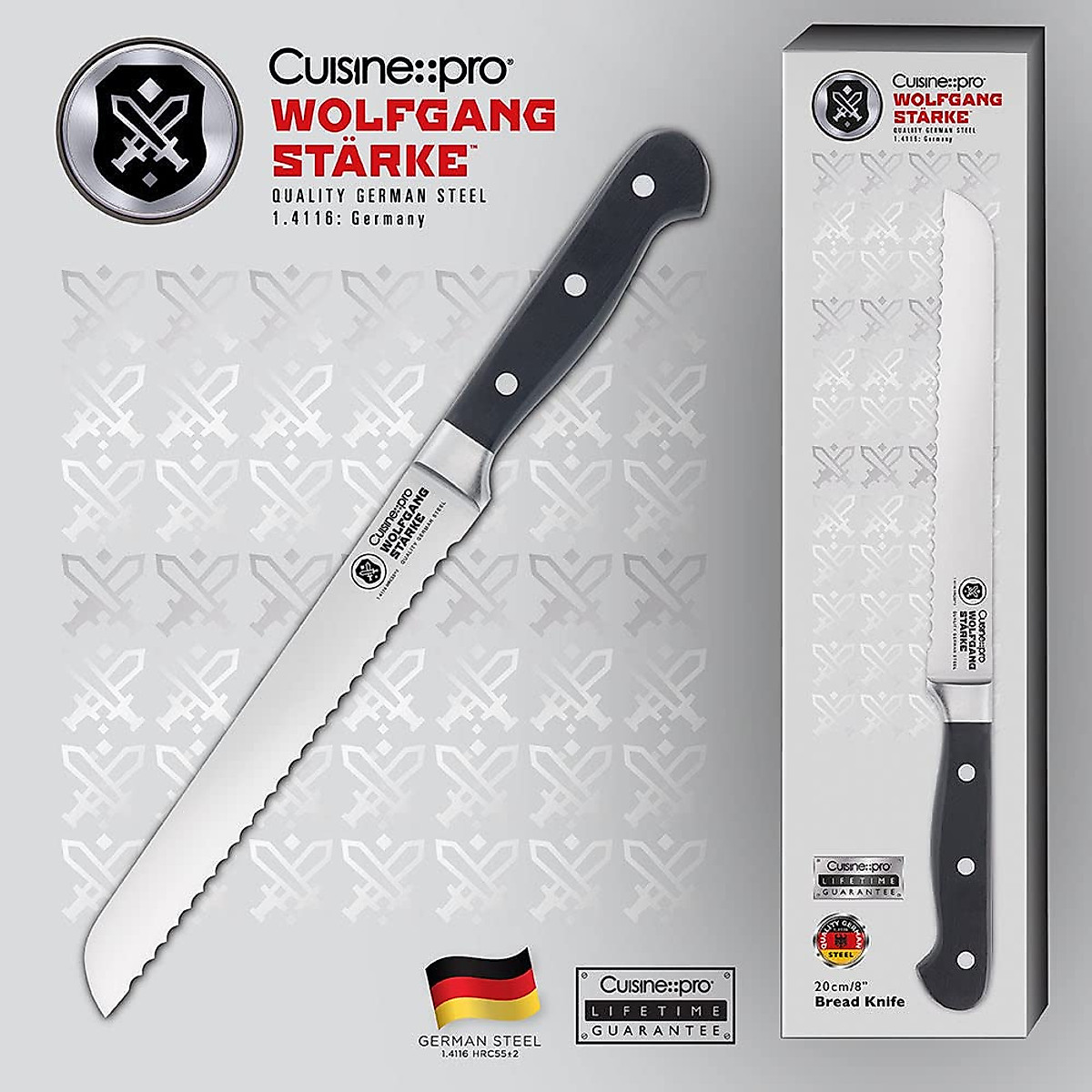 Cuisine::pro® Wolfgang Starke 8 Inch Bread Knife - Premium Quality German Stainless Steel, Ice-Hardened & Double Sharpened, Triple-Riveted Polymer Handle, Kitchen Essential