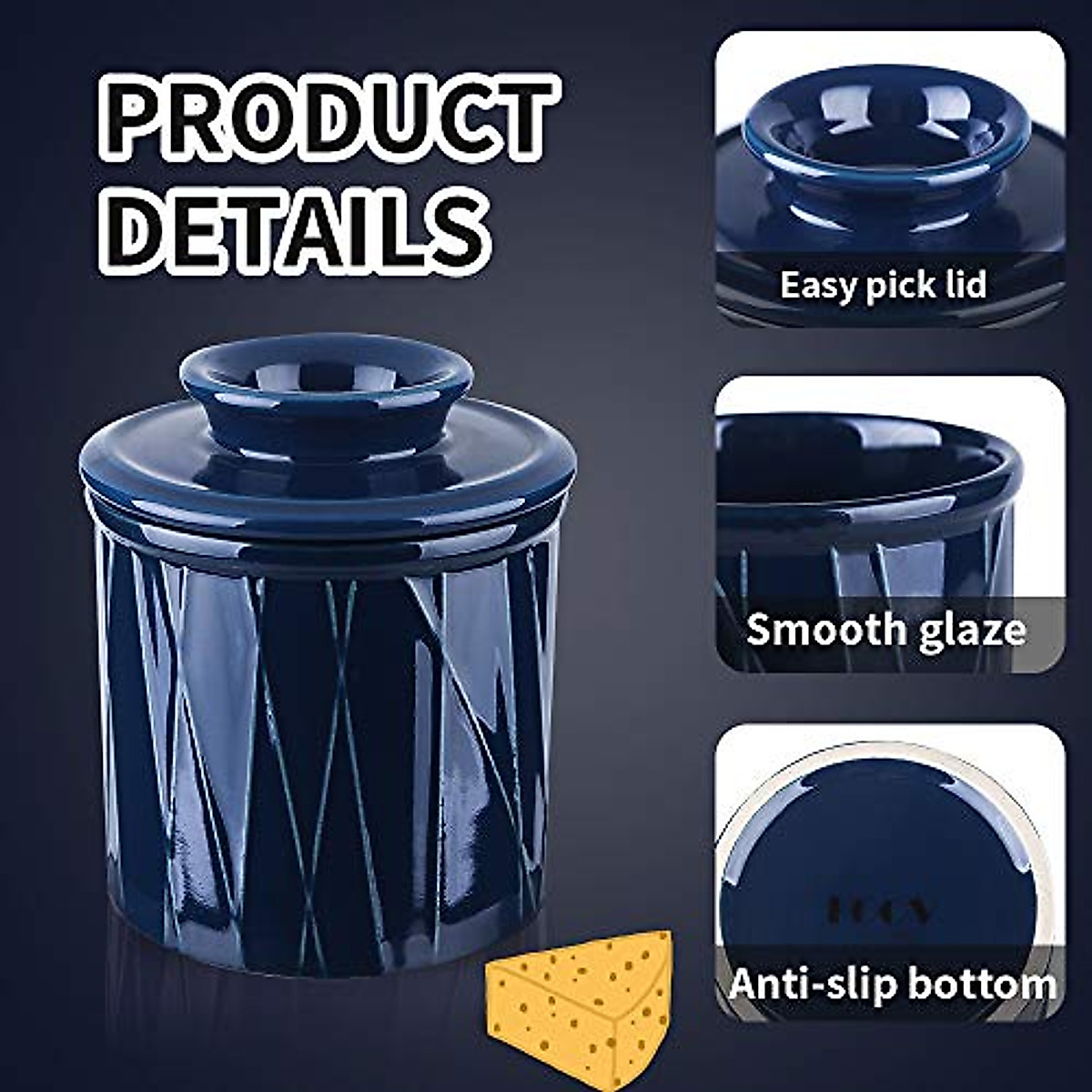 KOOV Porcelain Butter Crock, French Butter Dish, Ceramic Butter Keeper for Counter, Big Capacity, Irregular Striped Series (Aegean)