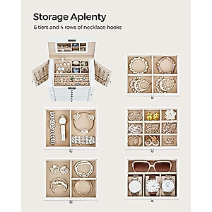 SONGMICS 6 Tier Jewelry Box, Jewelry Case with 5 Drawers, Large Storage Capacity, with Mirror, Lockable, Jewelry Storage Organizer, Gift for Loved Ones, For Watches, White UJBC152W01