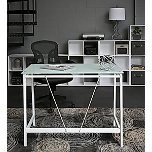 OneSpace Contemporary Glass Writing Desk, Steel Frame, White and Cool Blue