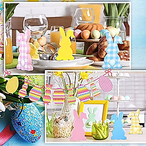 3 Pieces Easter Decor Bunny Tiered Tray Decoration Table Wooden Sign Buffalo Plaid Spring Rabbit Shape Wood Tabletop Decoration for Easter Party Desk (Vivid Style)