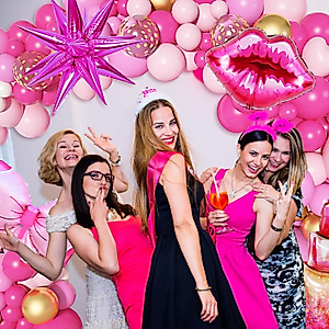 145Pcs Princess Pink Balloon Garland Arch Kit, Hot Pink Confetti 4D Star Lipstick Kiss Bow Balloons for Girls Women Valentines Bridal Baby Shower Makeup Bachelorette Princess Birthday Party Decors