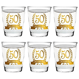 Bisyata 50th Birthday Shot Glass Gift Set for Women Men - 50 Birthday Party Decoration - 50th Gold Anniversary Table Decoration or Gift - 2oz Set of 6 - With Gift Box