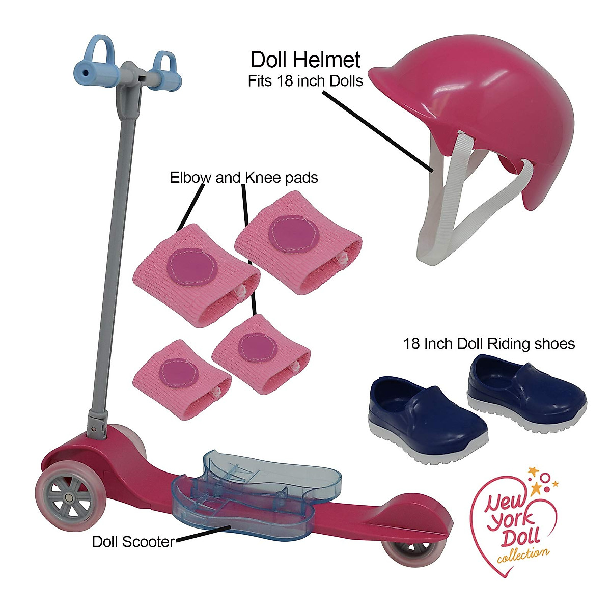 THE NEW YORK DOLL COLLECTION 18" Doll Scooter & Helmet Set - 18in Dolls Accessories Doll Bike Accessories Play Set and Doll Helmet (Scooter+Helmet)