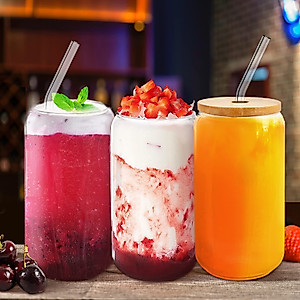 Hoteelee Drinking Glasses with Bamboo Lids and Glass Straw,4pcs Set,16.9 oz Can Shape Beer Glasses Cup,Iced Coffee Glass Jar,Cute Tumbler Cup,Soda,Iced Tea,Goblet Cup,Ideal for,Cocktail,Whiskey,Wine