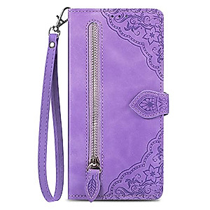 HUANGTAOLI Case for Oppo A53, Zipper Wallet Pocket Magnet Closure Kickstand Handbag Phone Case for Oppo A53 Purple