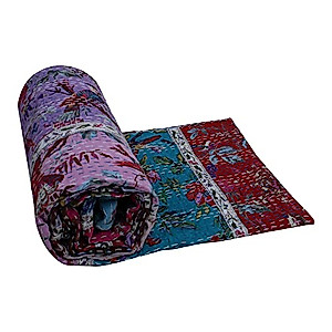 Maviss Homes Beautiful Indian Traditional Patchwork Super Soft Cotton Double Kantha Quilt | Throw Blanket Bedspreads | Cozy Blanket Quilt | Easy Machine Washable and Dryable; Multicolour