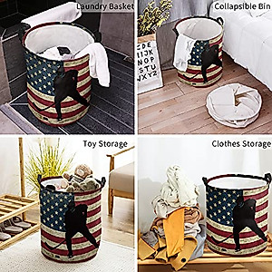 Laundry Hamper, Hockey Sport Theme Athlete Rustic American Flag Collapsible Clothes Hamper with Handles Water Repellent Freestanding Storage Basket for Clothes Toys