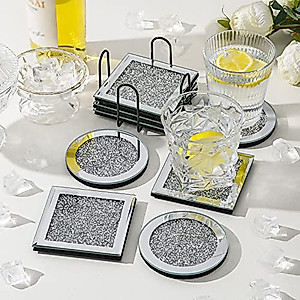 ToPToToo Mirrored Crystal Glass Coasters for Drink Crushed Diamond Decor Cup Coasters Set of 4,Square Personalized Coasters with Holder for Wooden Coffee Table (4 X 4 Inch)