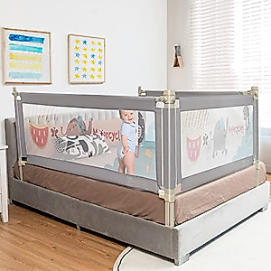 BABY JOY Bed Rail for Toddlers, 69’’ Extra Long, Height Adjustable & Foldable Baby Bed Rail Guard w/Breathable Mesh & Double Safety Child Lock for Kids Twin Double Full Size Queen King Mattress, Gray