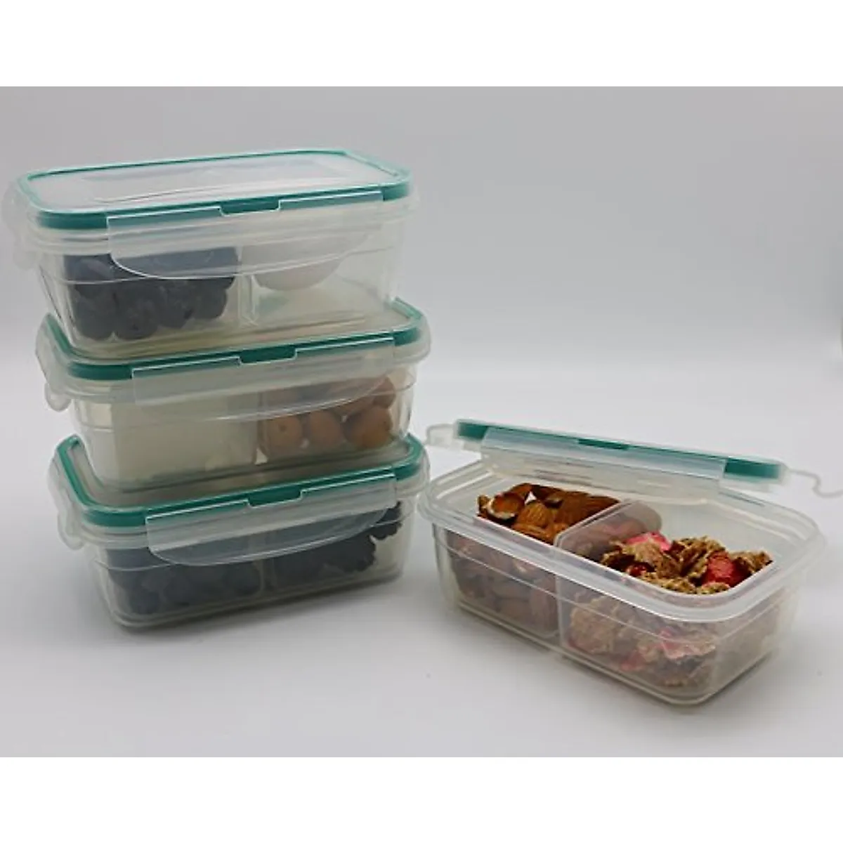 PlastArt Fresh Box Rectangle Set, Multi Piece Food Storage Container with 2 Divided Removable Compartment, Portion Control Set, 1.7-cup, 4 Pack, Clear