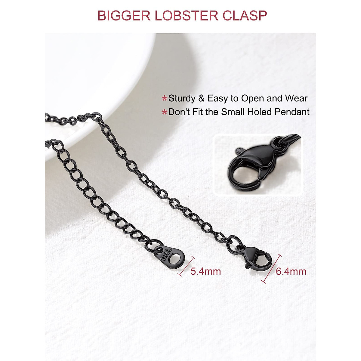 FOCALOOK Black Necklace Chain for Women 2mm 18 Inch Stainless Steel Rolo Cable Chain