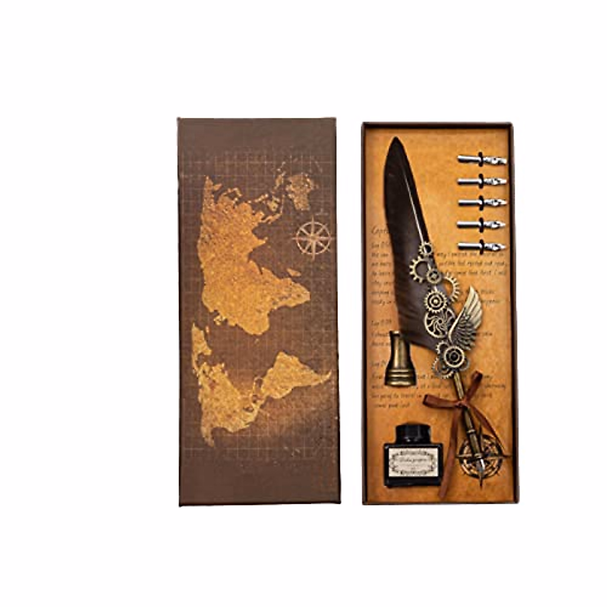 NC Calligraphy Dip Pen Set Retro European Style Ink Pen Metal Industrial Wind Carved Gift, 5 Replacement Nibs, Ink, Pen Socket, Packaging Box